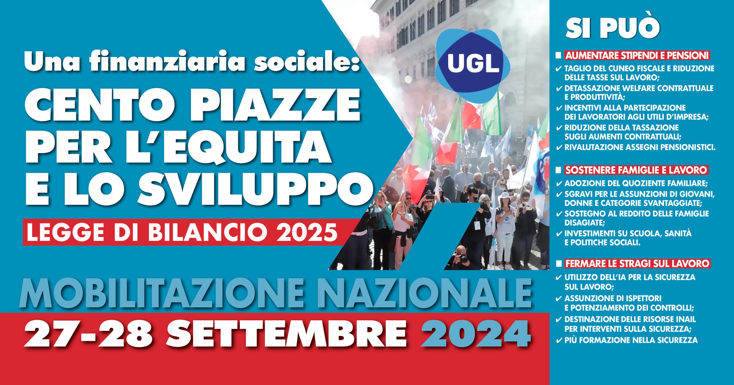 Ugl - MOBILITAZIONE UGL: 100 PIAZZE PER L’EQUITÀ E LO SVILUPPO